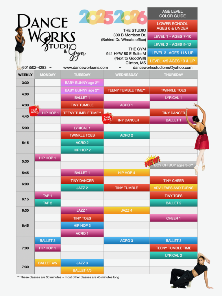 Weekly Class Schedule – Dance Works Studio & Gym